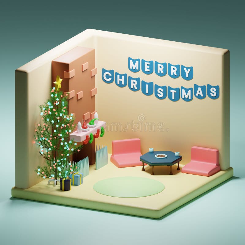3D Render of a Small Christmas Decorated Room with a Tree Stock ...