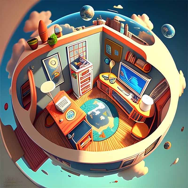 3d Render of a Small Planet with a Table, a Chair, a Laptop and Other ...