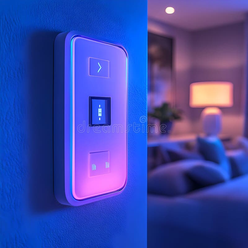 3D Render of Smart Home Wall Switch with Blue and Purple Lighting Stock ...