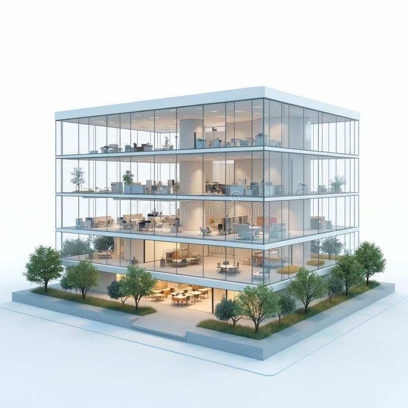 3D Render of Smart Office Building. Modern Architecture with Integrated ...