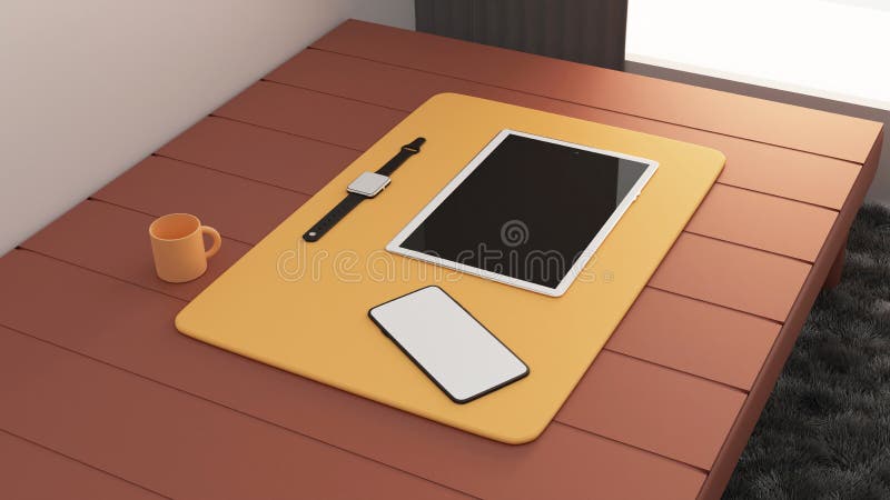 3D Render of Smart Phone, Smart Watch and Tablet Over a Work Desk ...
