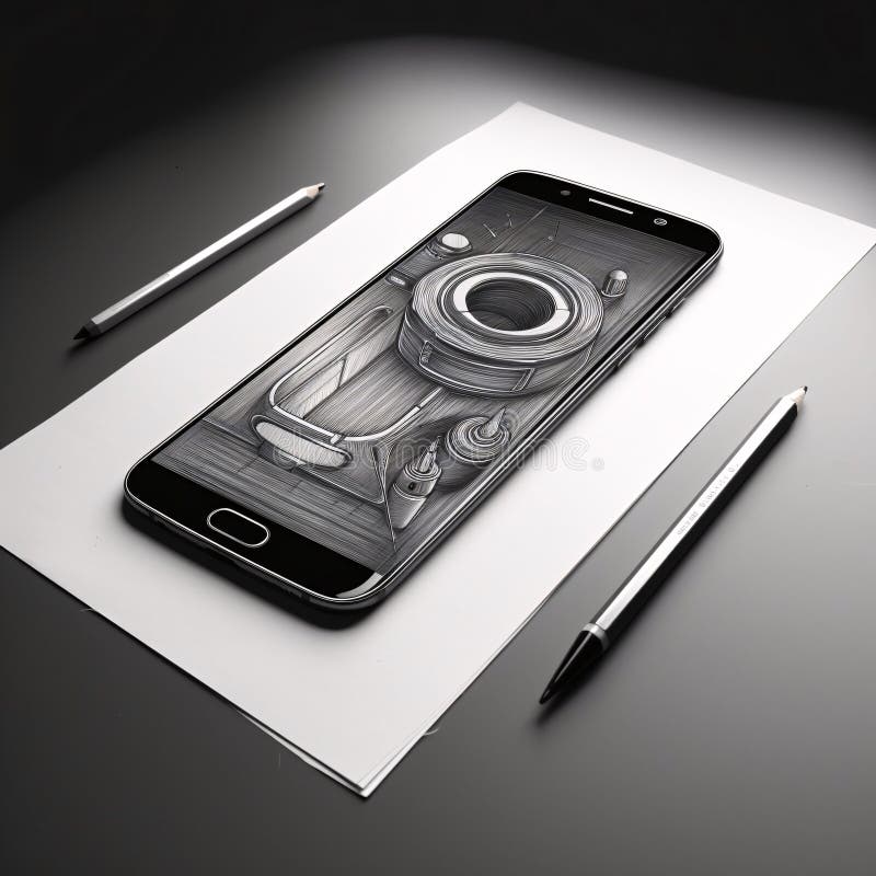 3D Render of a Smartphone with a Camera and Pencils Stock Illustration ...