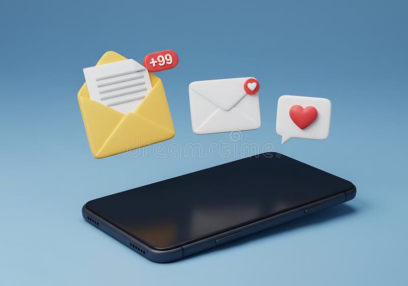 3D Render of Smartphone with Notifications Emails, Messages and Love ...