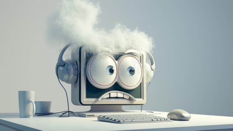 3D Render of a Smoking Computer Screen with a Stressed Expression Stock ...