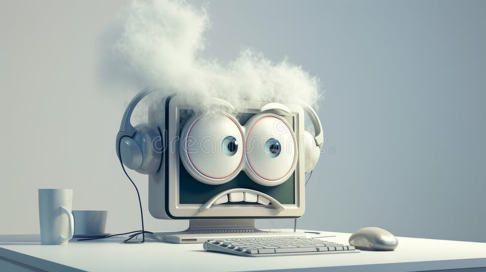 3D Render of a Smoking Computer Screen with a Stressed Expression Stock ...