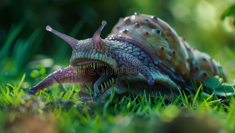3D Render of a Snail with Sharp Teeth Crawling on Grass, Fantasy ...