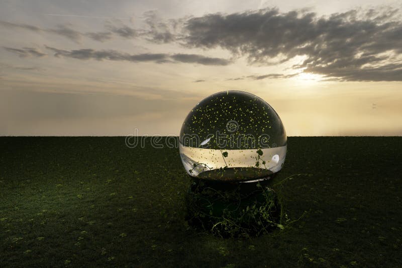 3d Render of Snow Globe at Sunset in Grassy Meadow Stock Illustration ...