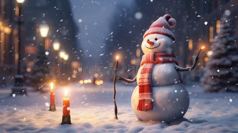 Snowman with Light and Candle at Snowy Night Stock Illustration ...