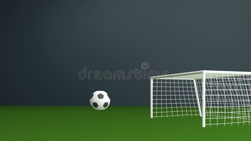 3D Render Soccer Ball on Green Grass in Front of Goal Net Against ...