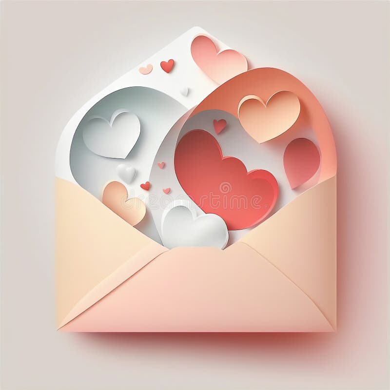 3D Render of Soft Color Paper Hearts Inside Envelope Stock Illustration ...