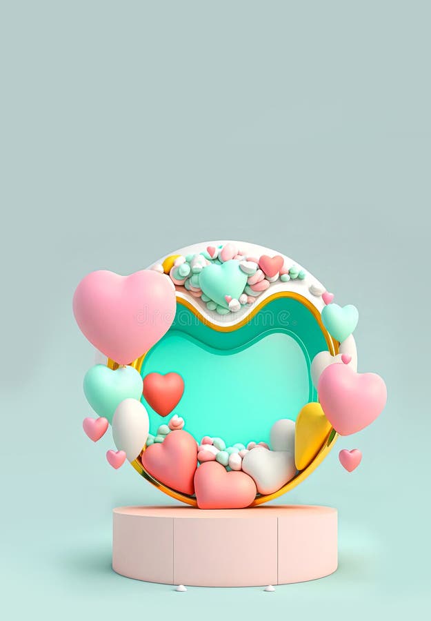 3D Render, Soft Pastel Color Heart Shape Frame with Podium and ...