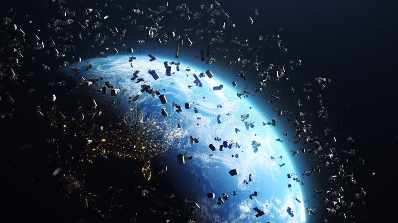 3D Render of Space Debris Around Planet Earth Stock Illustration ...