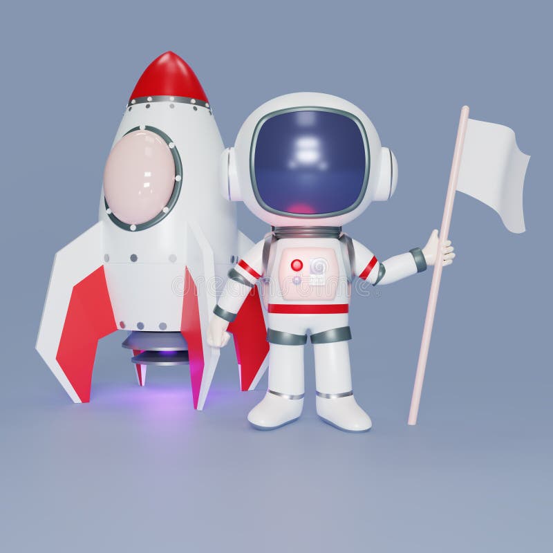3D Render Spaceman Astronaut Standing on Moon with the Rocket Parked on ...