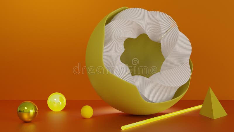 3D Render of a Spherical Geometric Shape, Pyramids, and Spheres on an ...