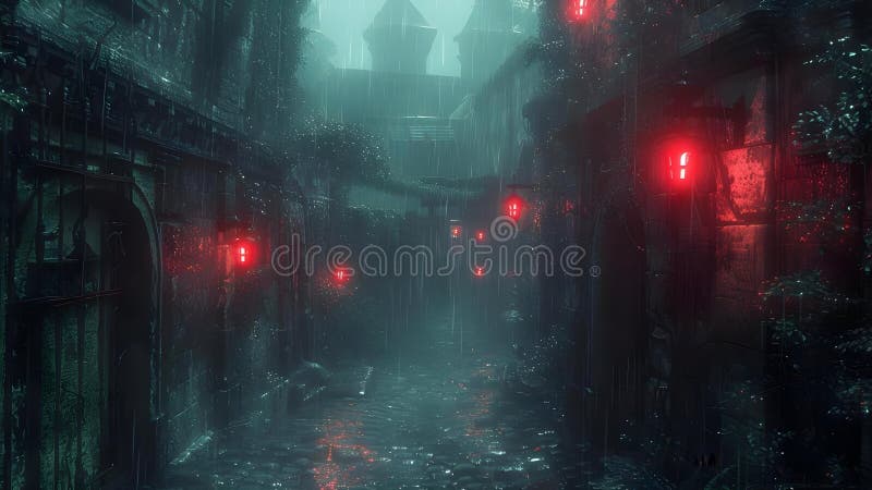 D Render of a Spooky Alley in an Ancient Town with Eerie Red Lighting ...