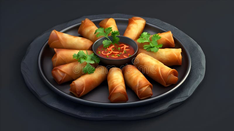 3D Render of Spring Rolls on Black Plate Stock Illustration ...