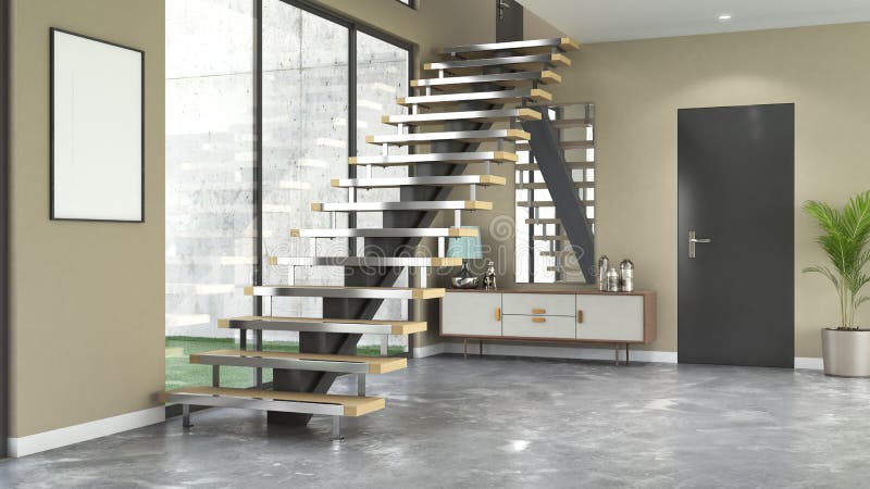 3D Render of a Stair in Interior with Concrete Floor and Light-brown ...