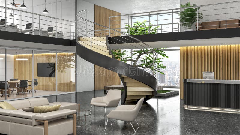 3D Render of a Stair in Large Office Interior with Restzone and Work ...