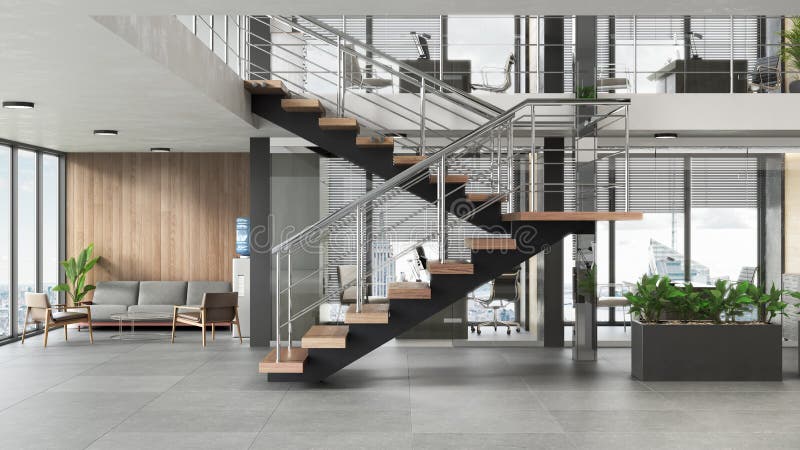 3D Render of a Stair in Large Office Interior with Restzone and Work ...
