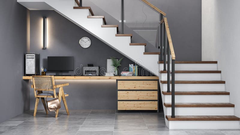 3D Render of a Stair in Modern Interior with Concrete Floor and Grey ...