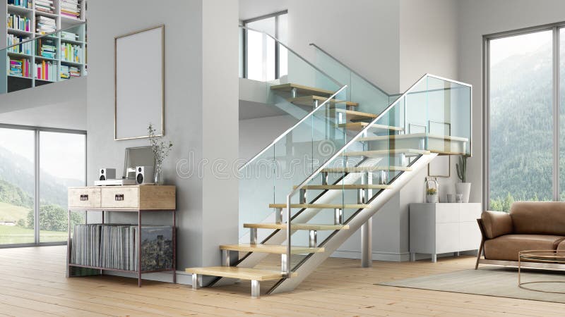 3D Render of a Stair in Modern Interior with Wooden Floor and Light ...