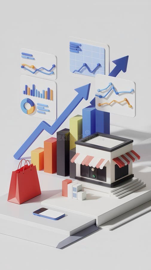 3D Render of Storefront with Retail Icons and Sales Graphics Stock ...