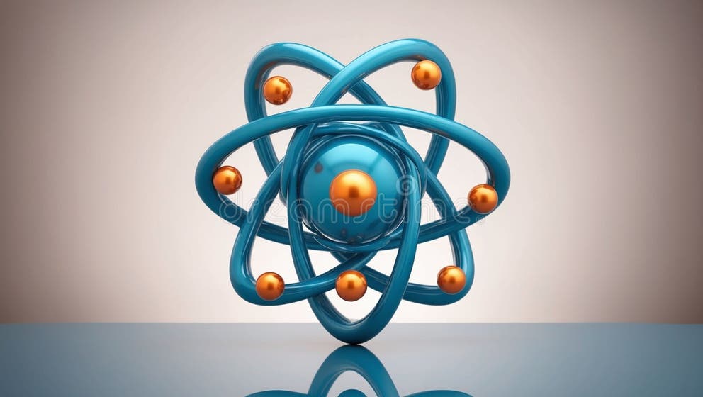 3D Render of Stylized Atom Model with Blue Orbits and Golden Electrons ...