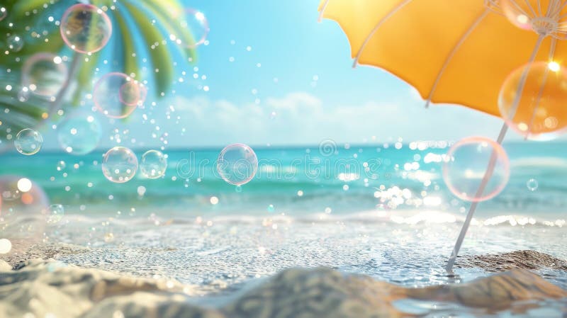 3D Render of Summer Beach Scene with Bubbles and Beach Umbrella. Stock ...