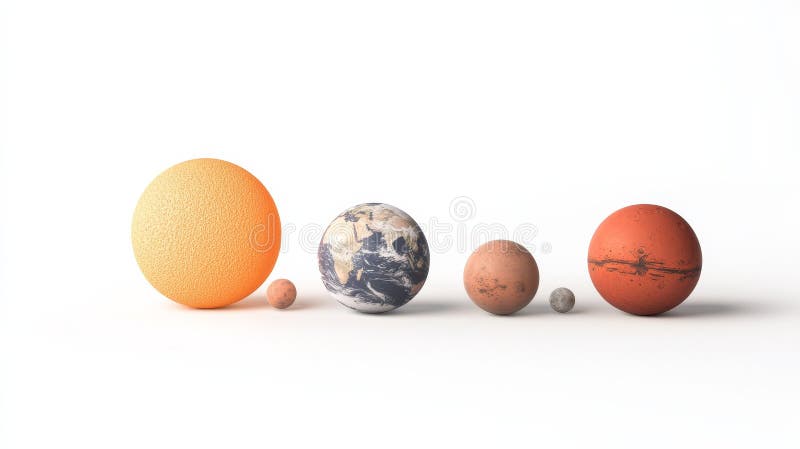 3D Render of Sun, Earth, Mars and Moons Isolated on White Background ...