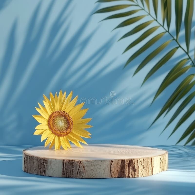3d Render of Sunflower on Pedestal with Palm Leaf Background Stock ...