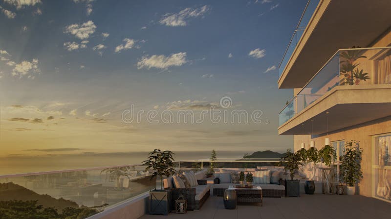 3d Render of Sunset Sea View from the Balcony Stock Illustration ...