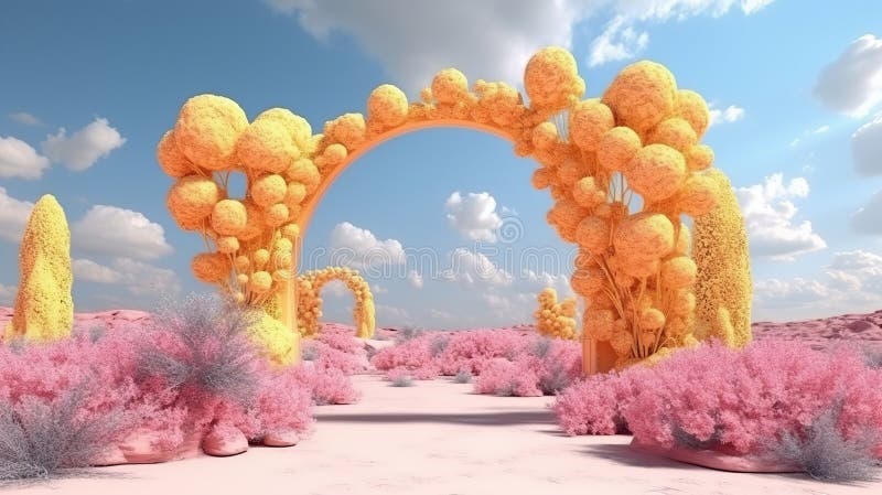 3d Render Surreal Desert Landscape with Arches and Clouds in the Blue ...