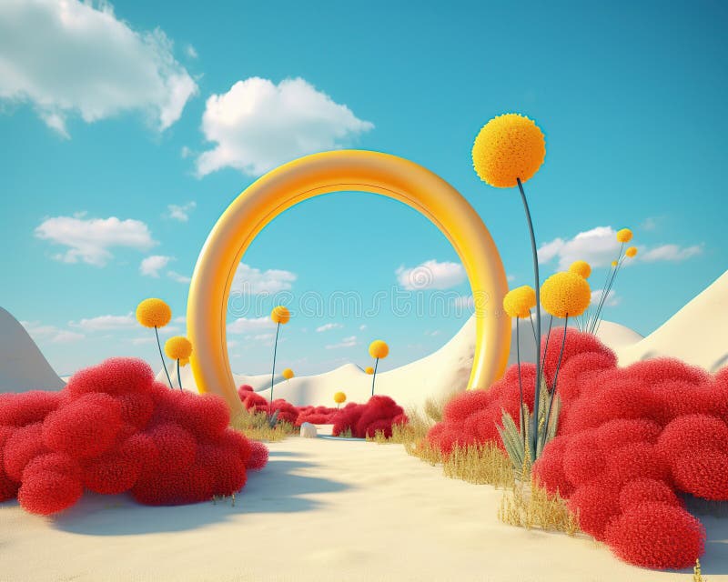 3d Render Surreal Desert Landscape with Arches and Clouds in the Blue ...
