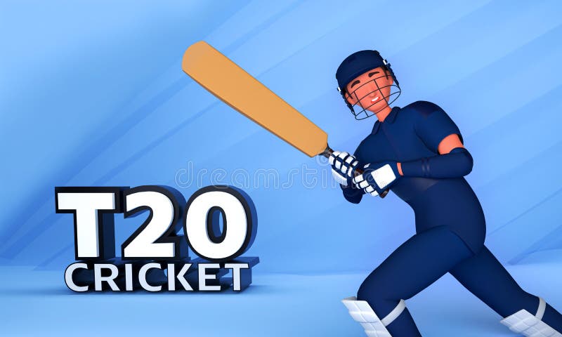 3D Render T20 Cricket Text with Batter Player Against Blue Stock ...
