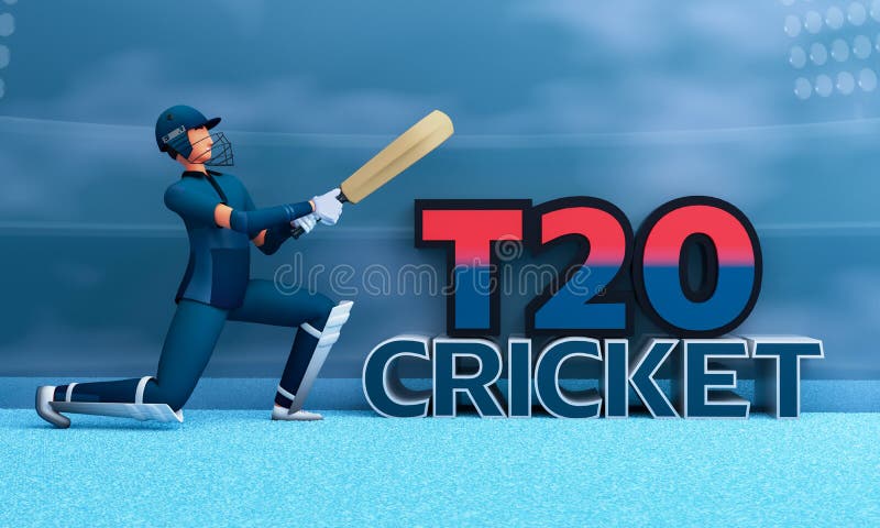 3D Render T20 Cricket Text with Batter Player in Playing Pose Against ...
