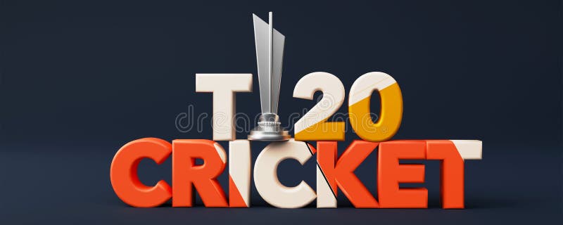 3D Render T20 Cricket Text with Silver Winner Trophy Cup on Dark Blue ...