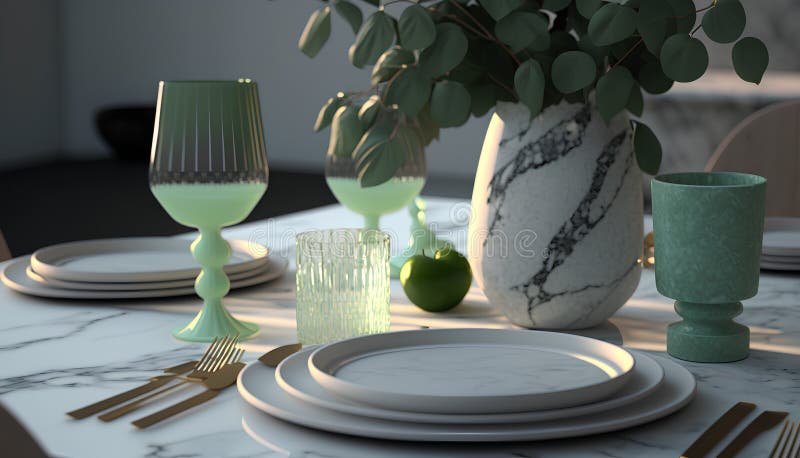 3d Render of Table Setting in Modern Dining Room with Green Plants ...