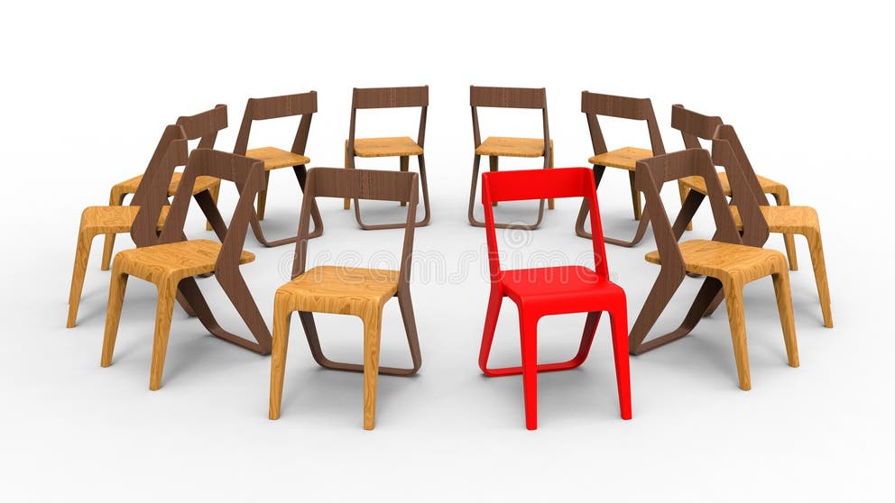 3D Render - Target Chair within an a Circular Array of Multiple Chairs ...