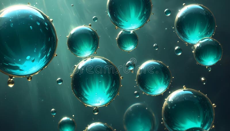 3D Render of Teal and Gold Bubbles Floating Against a Dark Background ...