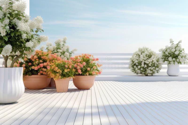 3d Render of Terrace with Flower Pot on White Wooden Floor Stock ...