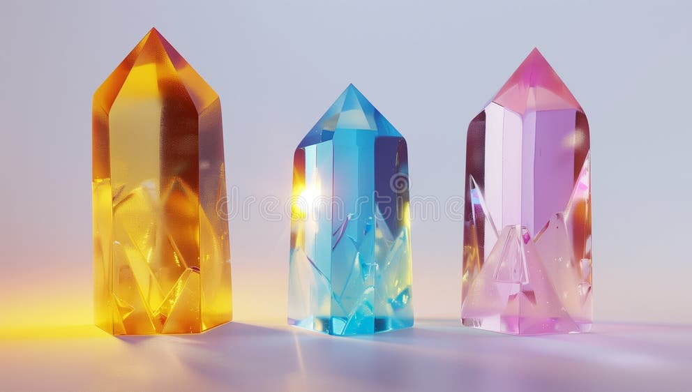 3D Render of Three Crystal Points, Each with a Unique Color and Shape ...