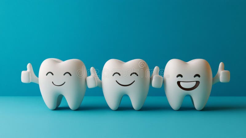3D Render of Three Happy White Cartoon Teeth Characters Giving Thumbs ...