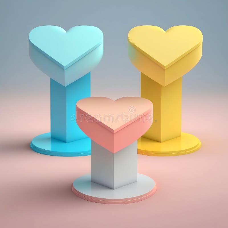 3D Render of Three Heart Shape Podium Element in Yellow, Pink and Blue ...
