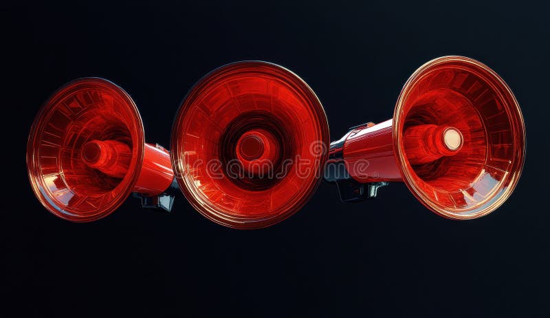 3D Render of Three Vibrant Red Megaphones Floating on Black Background ...