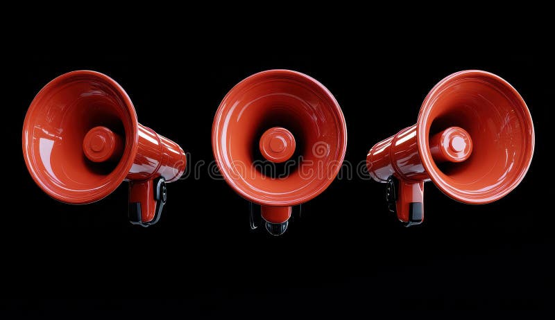 3D Render of Three Vibrant Red Megaphones Floating on Black Background ...