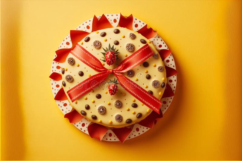 3D Render, Top View of Realistic Beautiful Cake on Yellow Stock ...