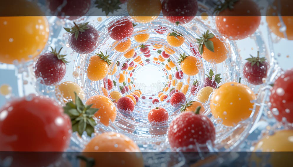 3D Render of Translucent Fruit in a Water Splash Tunnel, Creating a ...