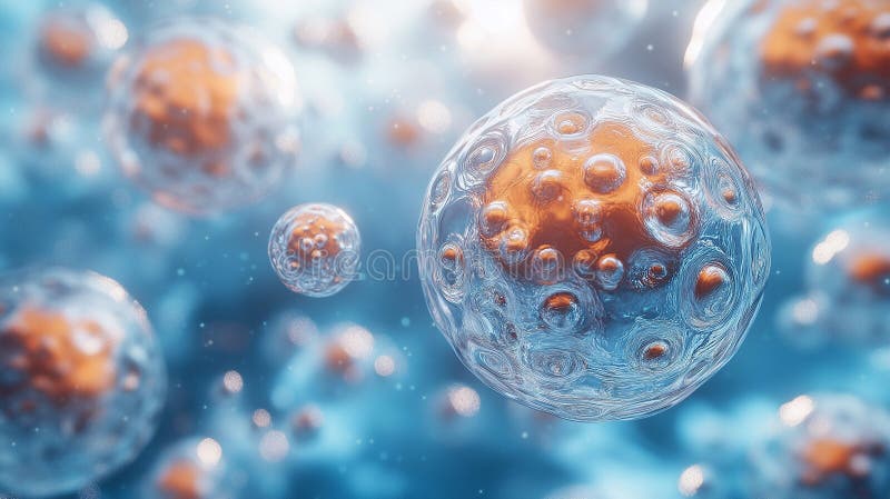 3D Render of Transparent Cells Floating in a Blue Fluid Environment ...
