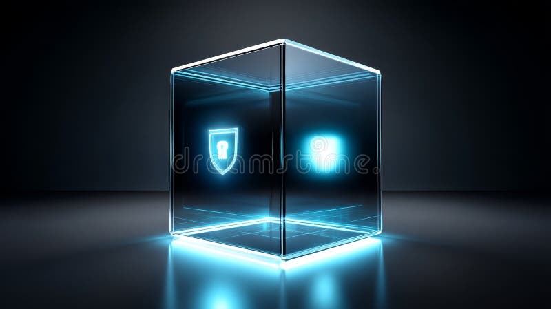 3d Render of a Transparent Glass Cube with Shield Icon, Representing ...