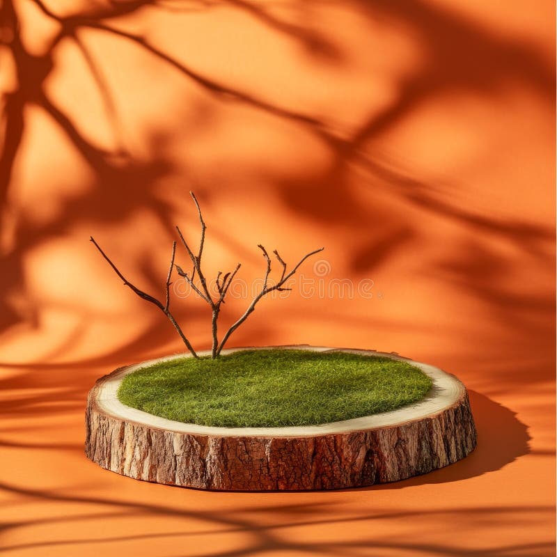 3d Render of Tree Stump with Grass and Shadow on Orange Background ...